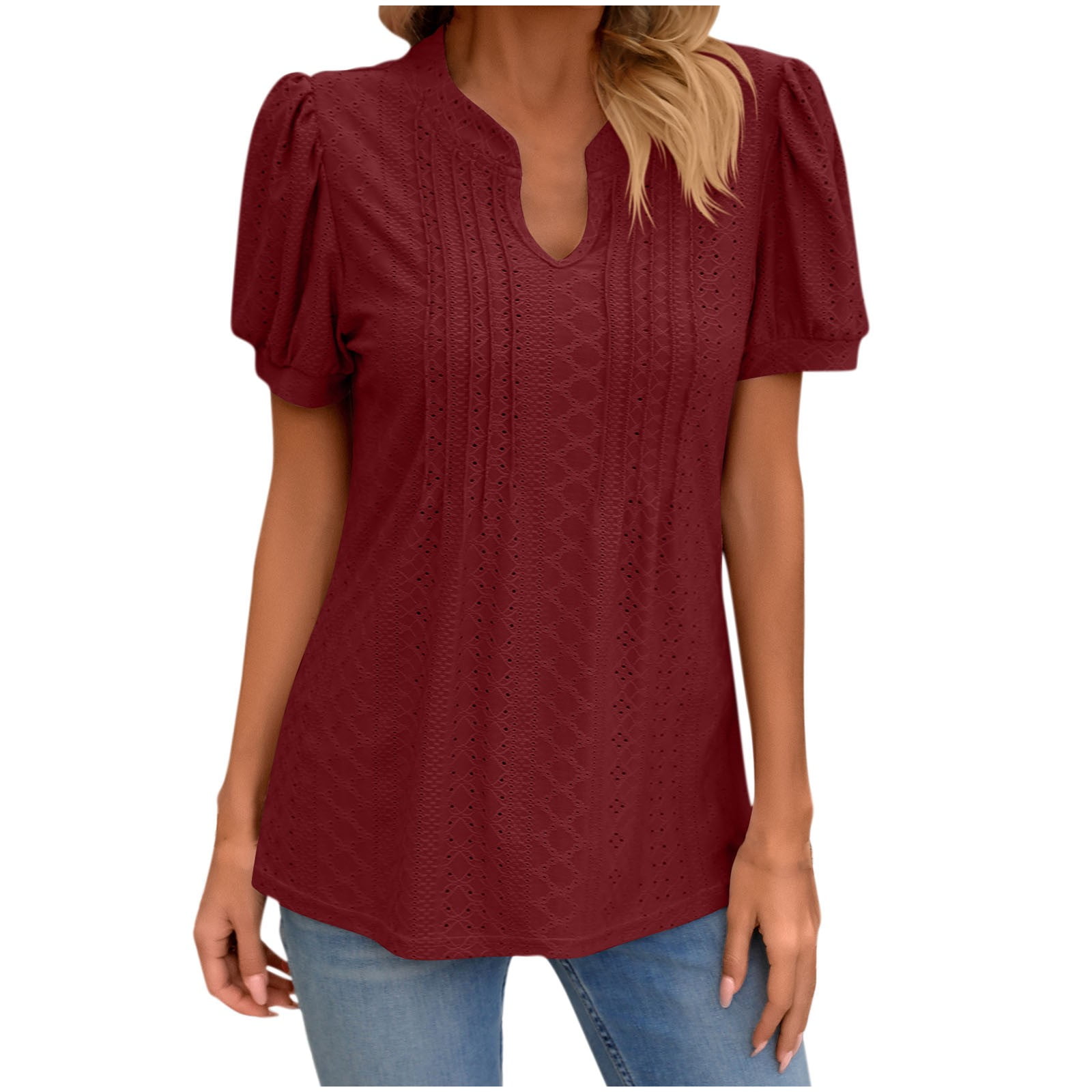 Timegard Tops for Women Puff Short Sleeve V-Neck Ruched Eyelet Casual ...