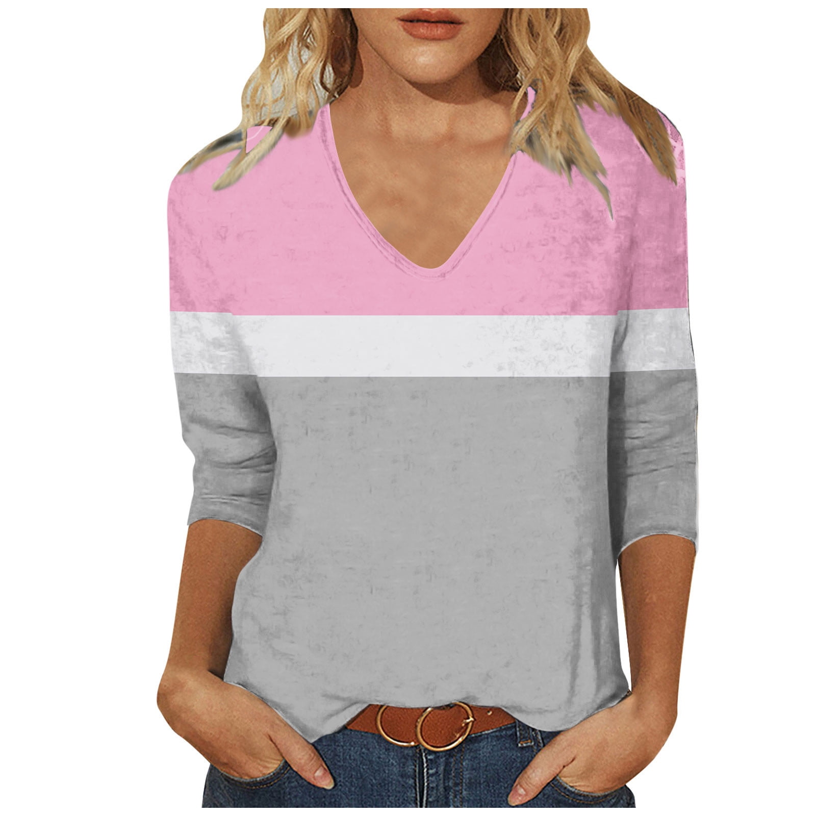 Timegard Tops for Women Trendy 3/4 Sleeve V Neck Color Block Drop ...