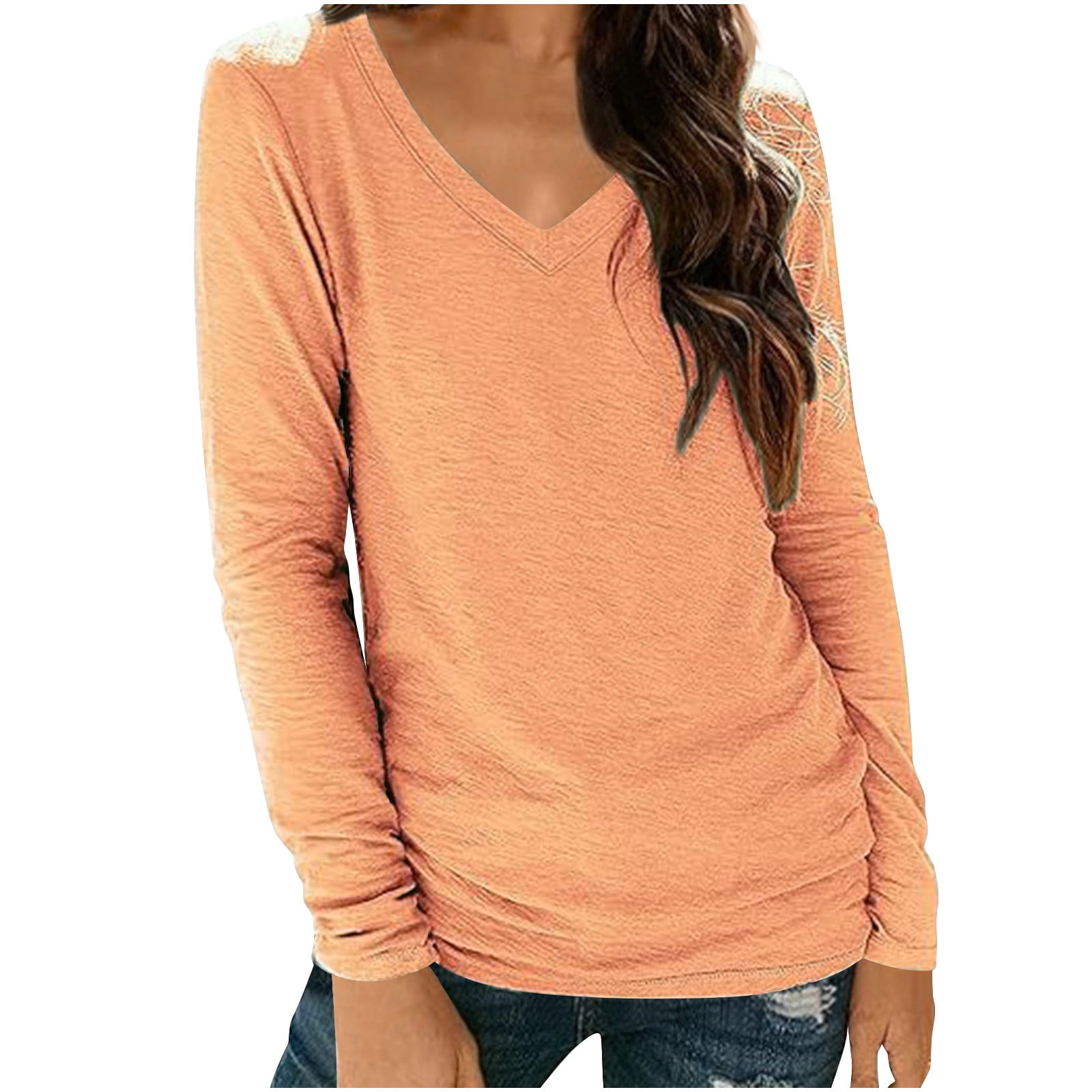 Timegard Tops for Women V Neck Long Sleeve Blouse Solid Color Basic Tee ...