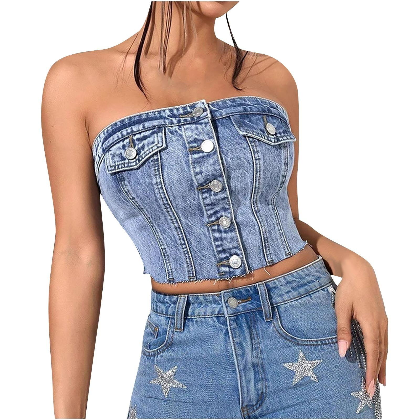 Timegard Tube Tops for Women Stretch Button up Denim Top Cropped Slim ...