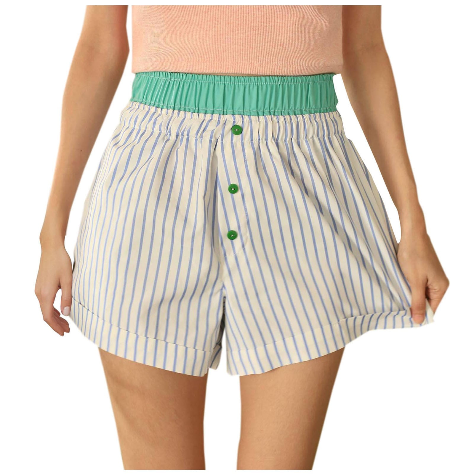 Timegard Wide Leg Shorts For Women Striped Print Elastic High Waisted Button Comfy Summer Casual