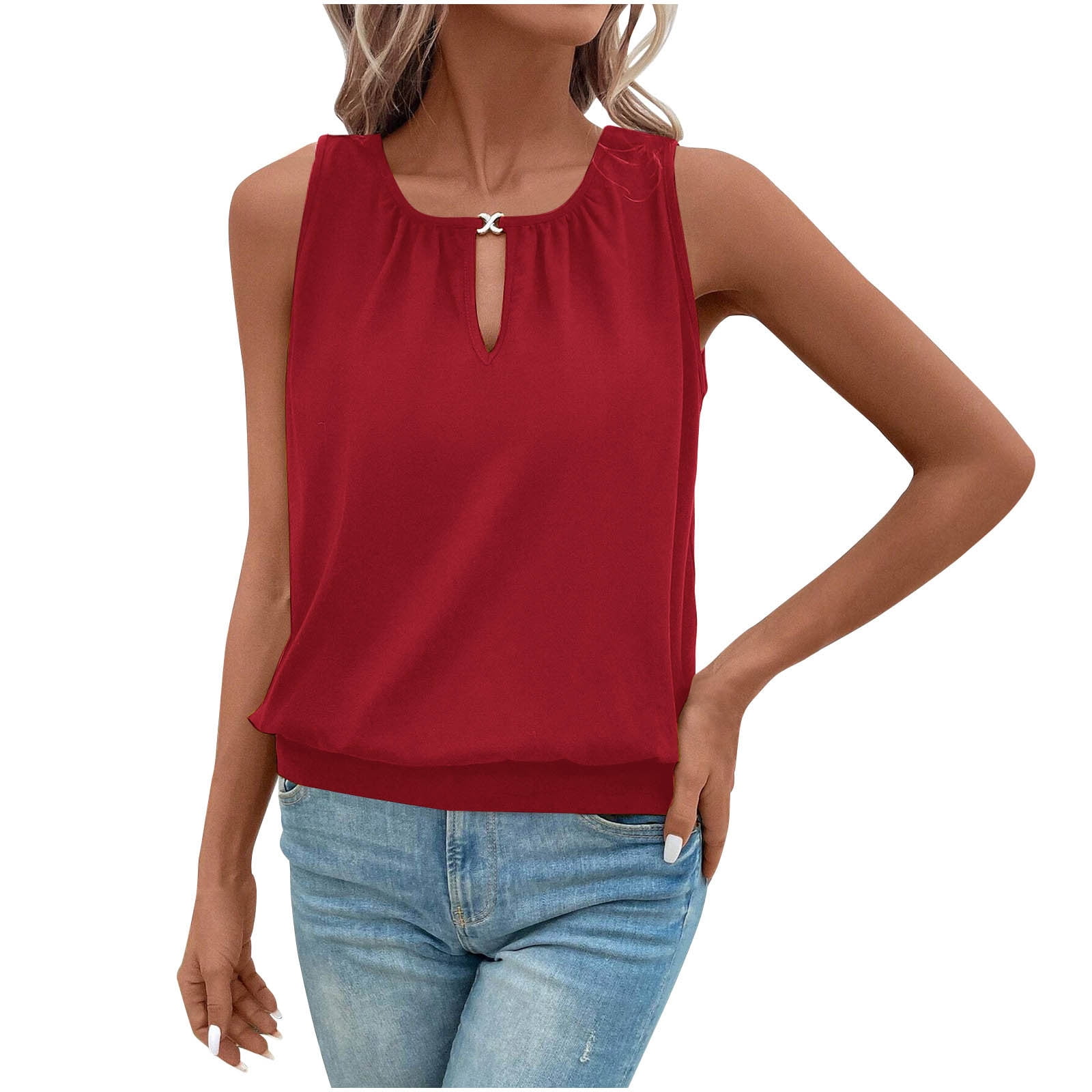 Timegard Women Tank Top Keyhole Neck Sleeveless Ruched Casual Loose ...