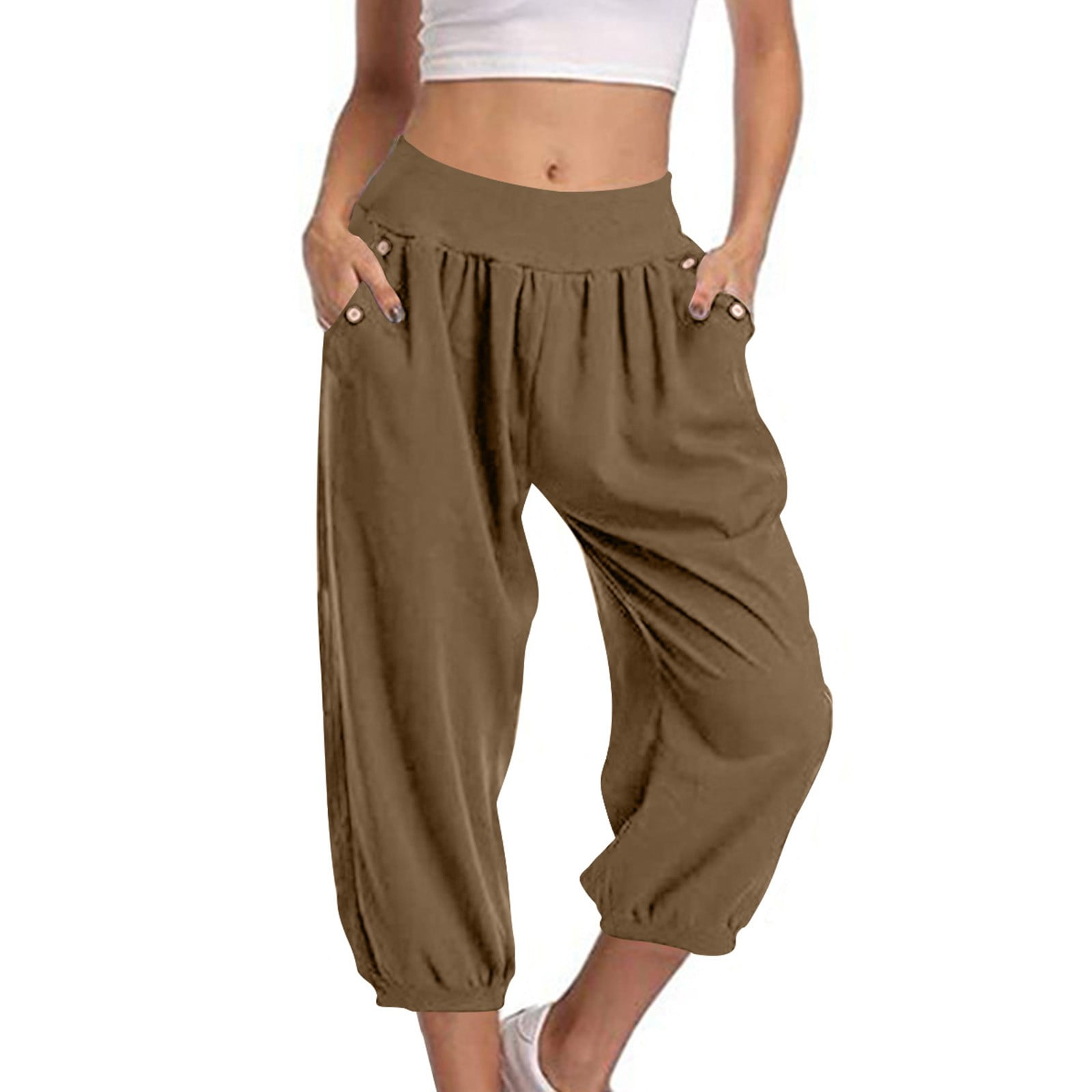 Timegard Womens Capri Pants Elastic High Waist Button Comfy Solid Color Casual Crop Pants with ...
