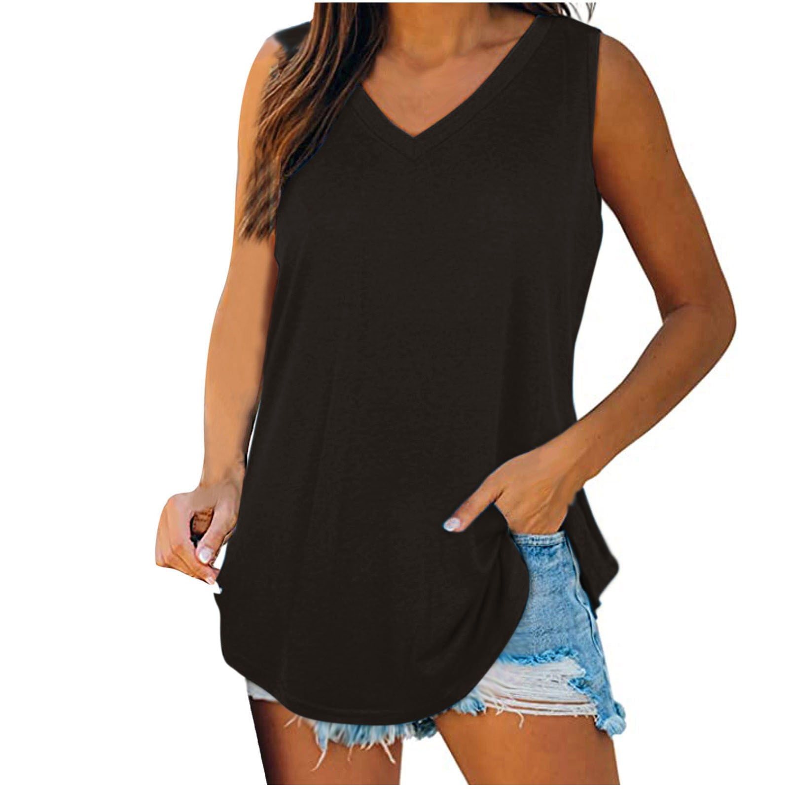 Timegard Womens Long Tank Top V-Neck Wide Strap Sleeveless Summer ...