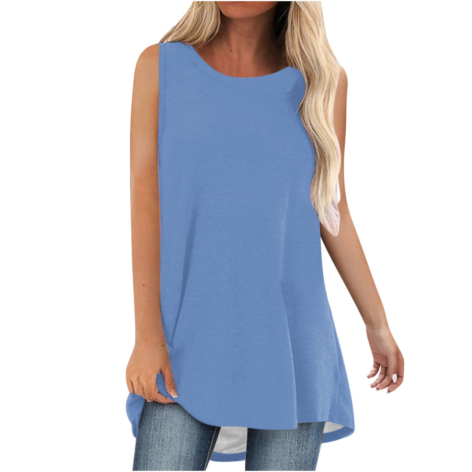 Timegard Womens Long Tank Tops Round Neck Sleeveless Solid Color Casual ...