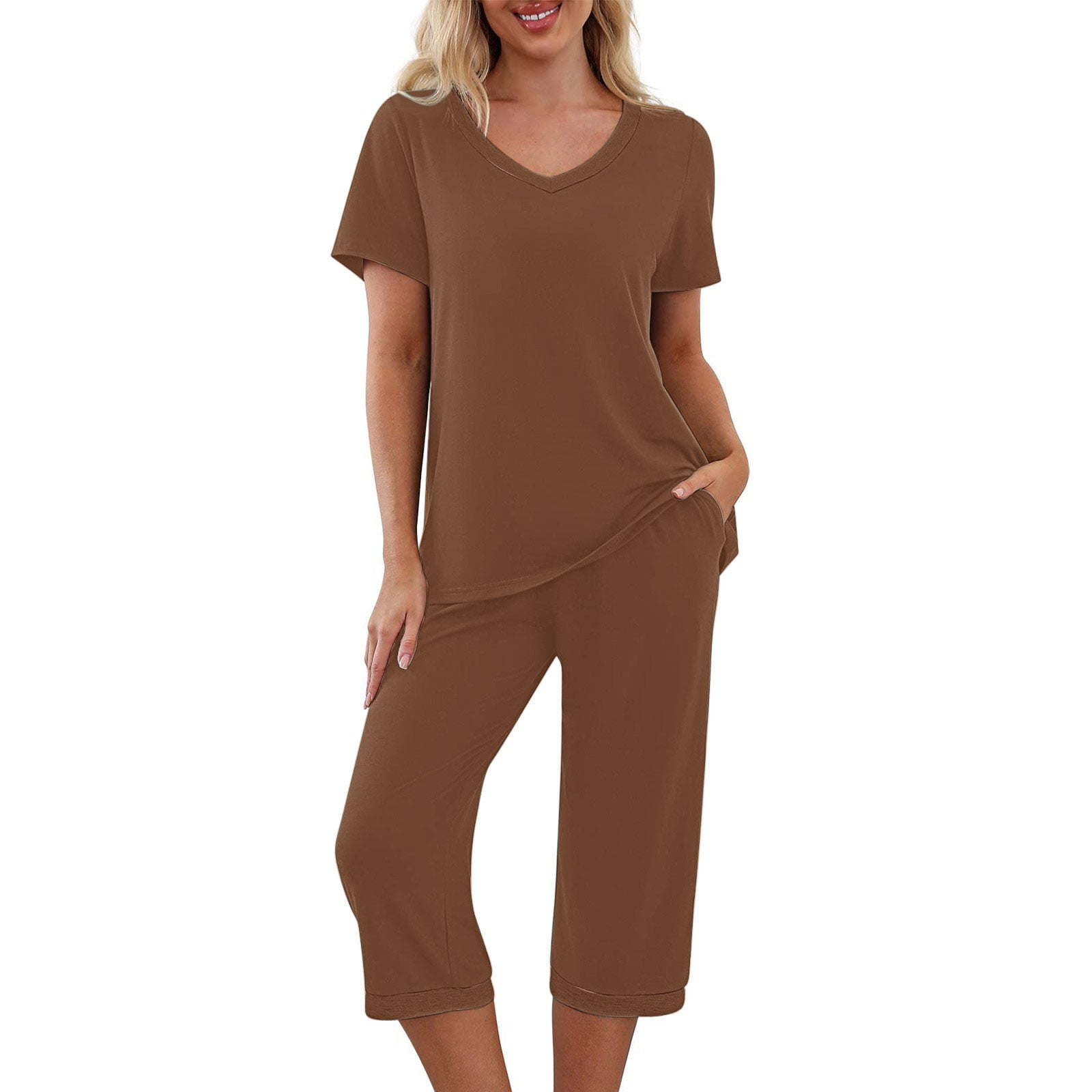 Timegard Womens Pajamas Sets 2 Piece V Neck Short Sleeve Top Loose ...