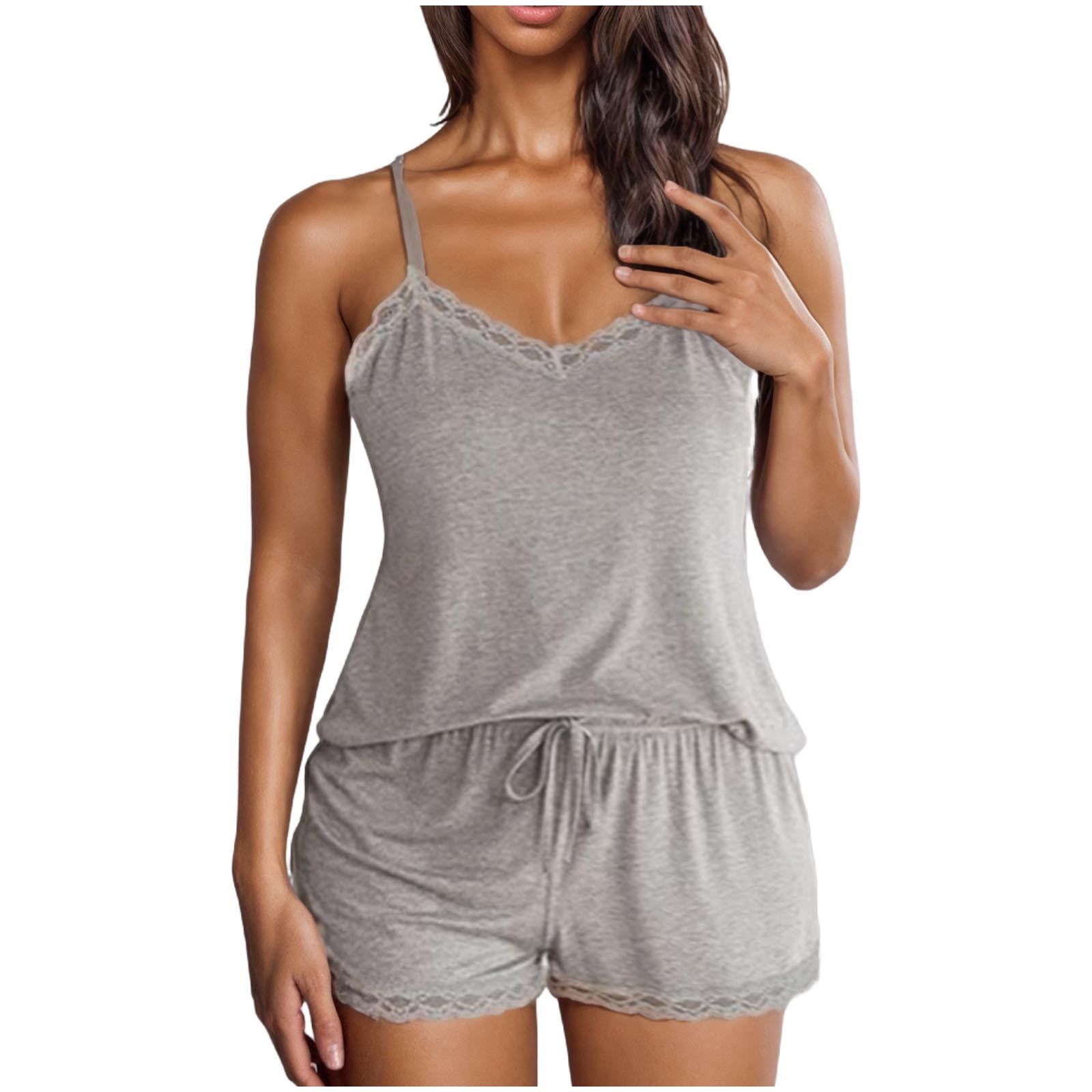 Timegard Womens Pajamas Sets Lace V Neck Camisole Tops Shorts Sleepwear Casual Solid Color Pjs ...