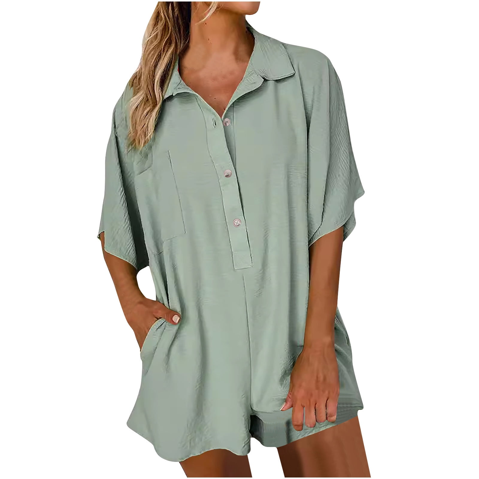 Timegard Womens Rompers Short Sleeve Lapel V-Neck Button Baggy Casual ...