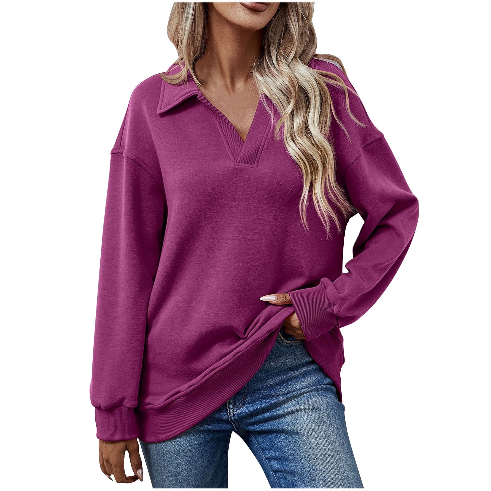 Timegard Womens Sweatshirts Lapel V Neck Long Sleeve Solid Color ...