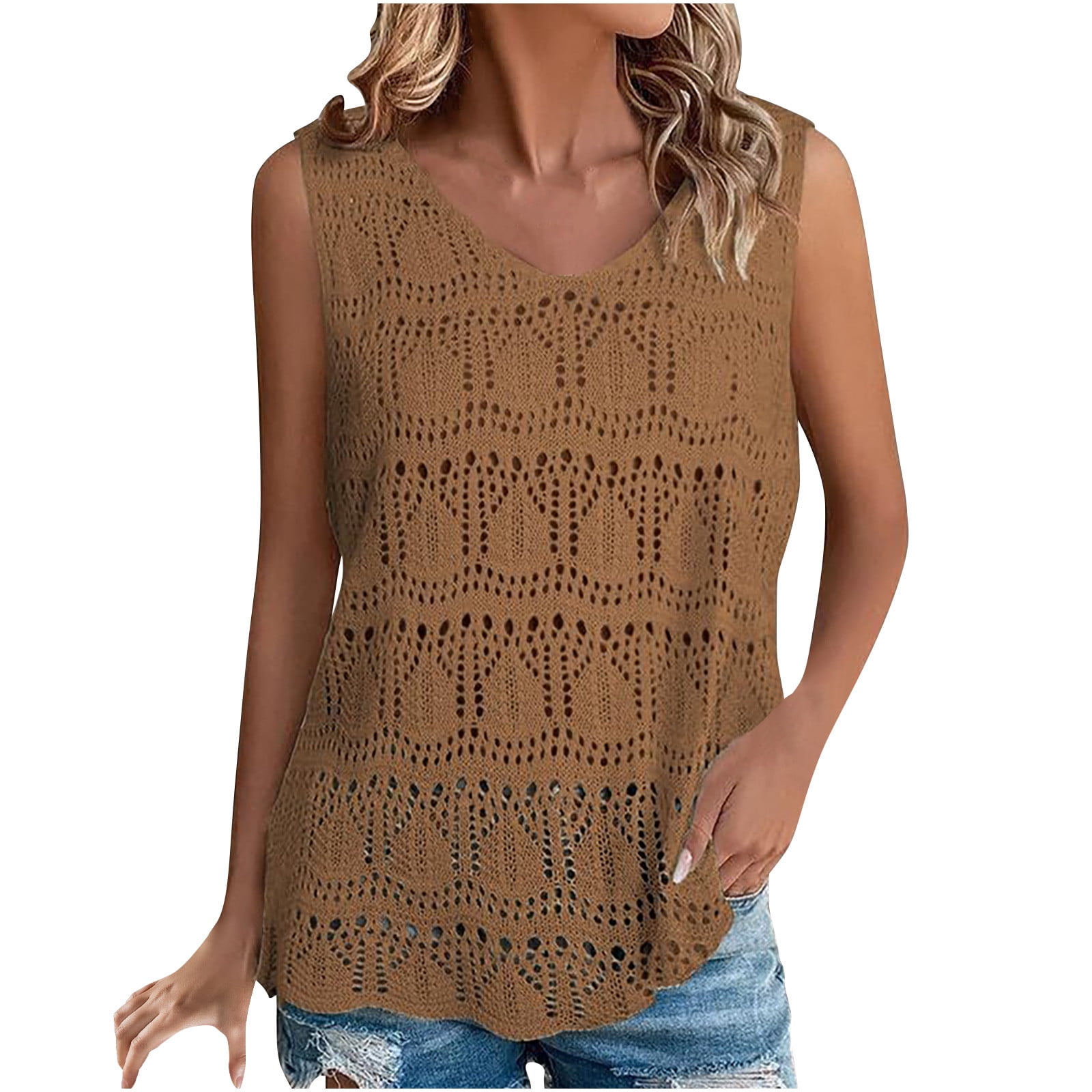 Timegard Womens Tank Tops V Neck Hollow out Loose Sleeveless Tops Solid ...