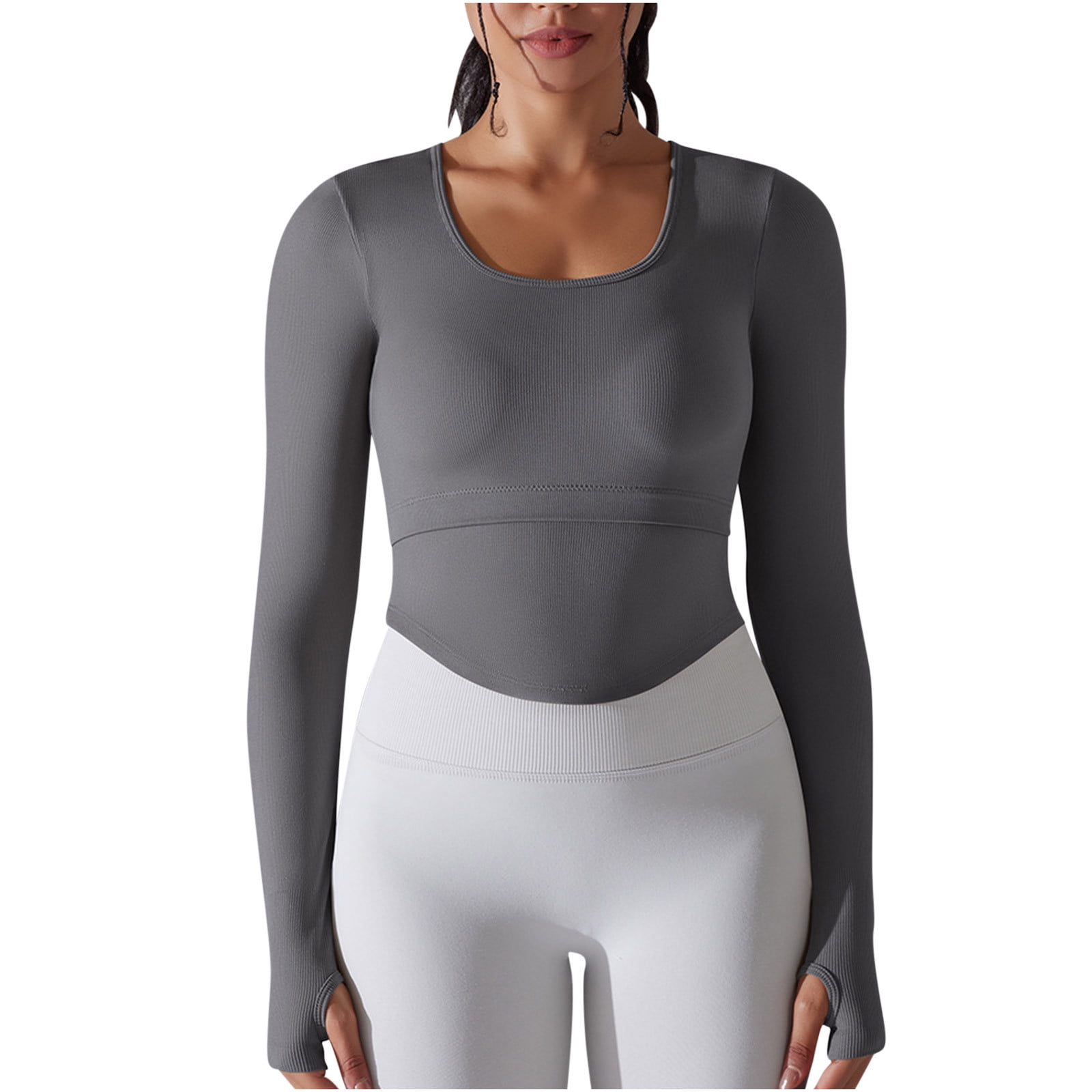 Timegard Womens Workout Tops with Built in Bra Square Neck Long Sleeve ...