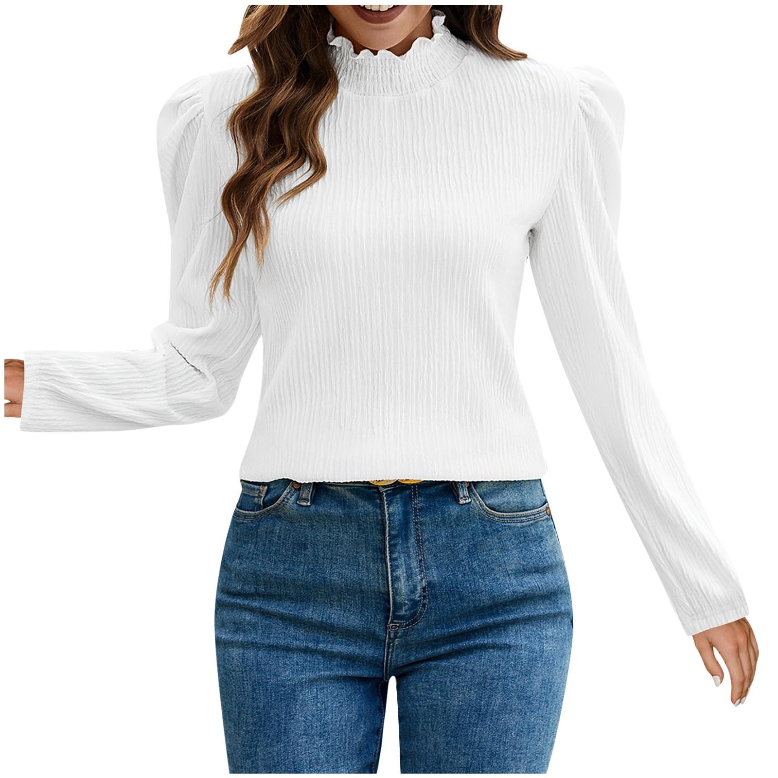 Timegard Work Tops for Women Puff Long Sleeve Ruffle Neck Blouse ...