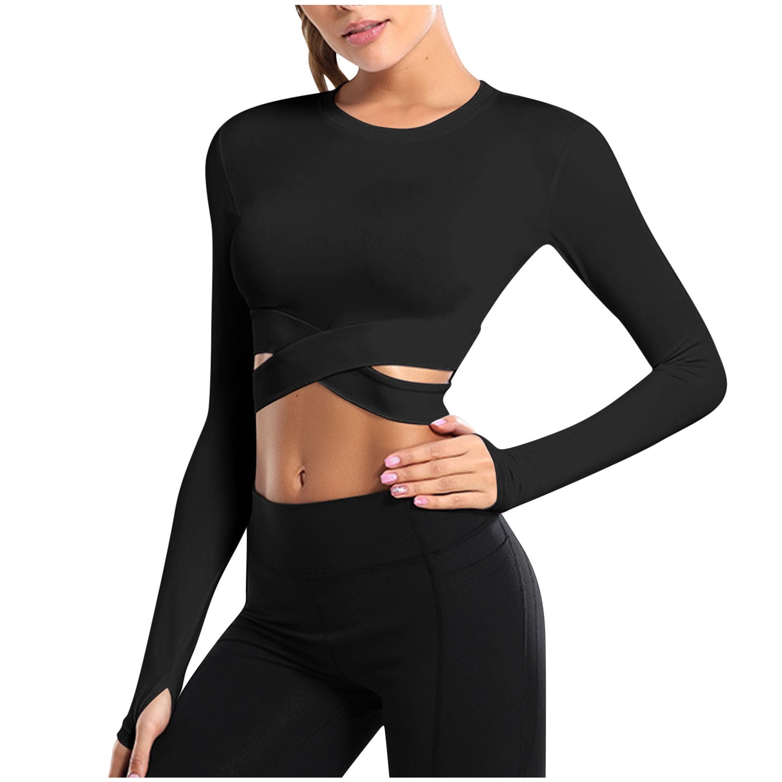 Timegard Workout Tops for Women Crewneck Long Sleeve Cutout Crop Top ...