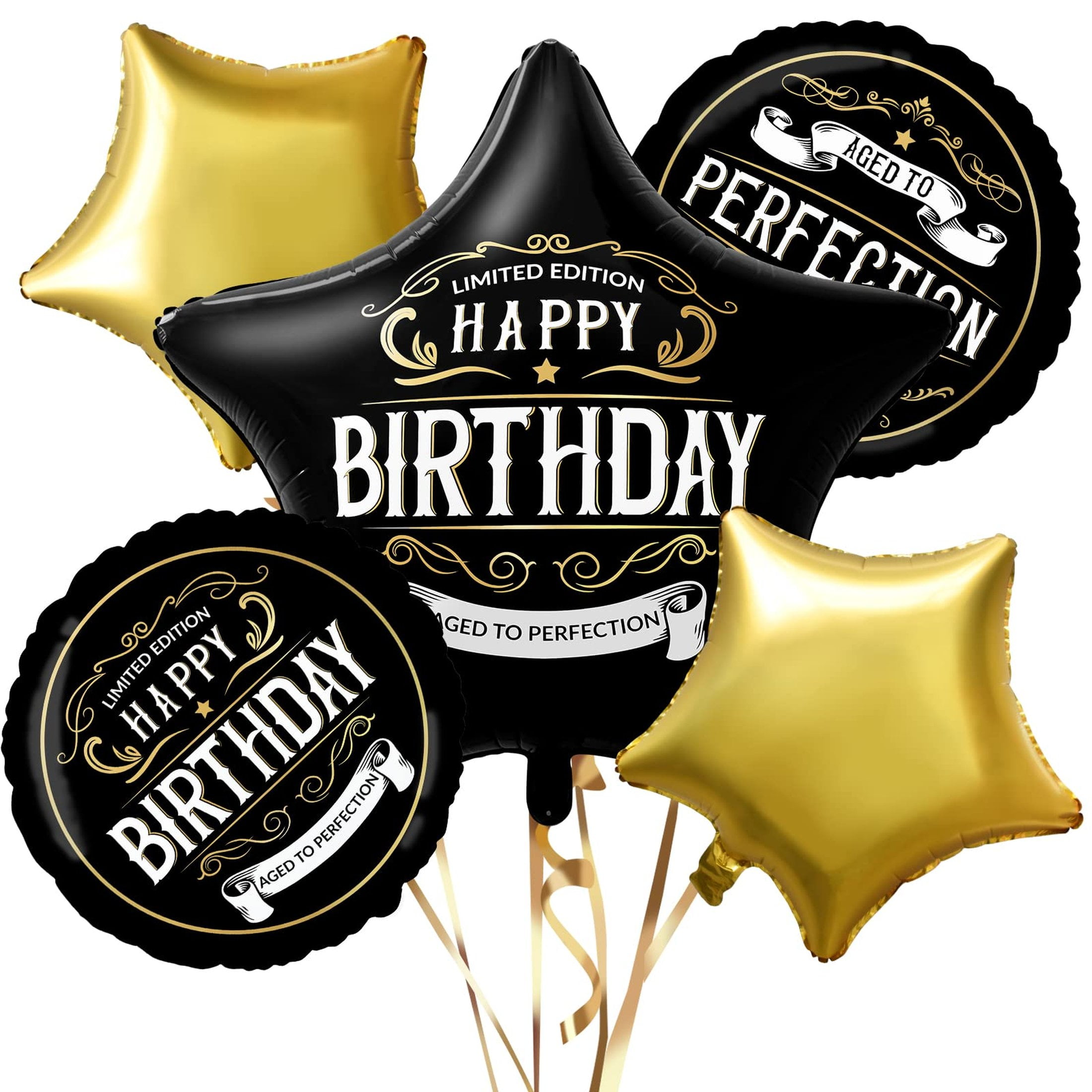 Timeless Celebration Decor for Men - Black and Gold Birthday Balloons and Aged to Perfection ...
