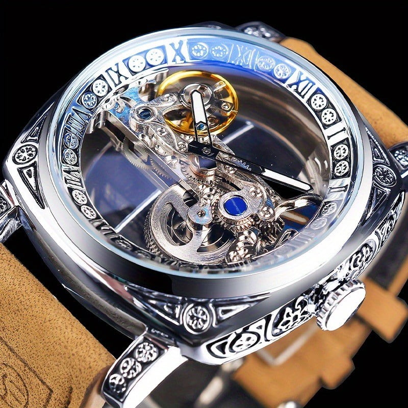 Timeless Luxury Square Mechanical Watch - Intricate Carvings, Dual ...