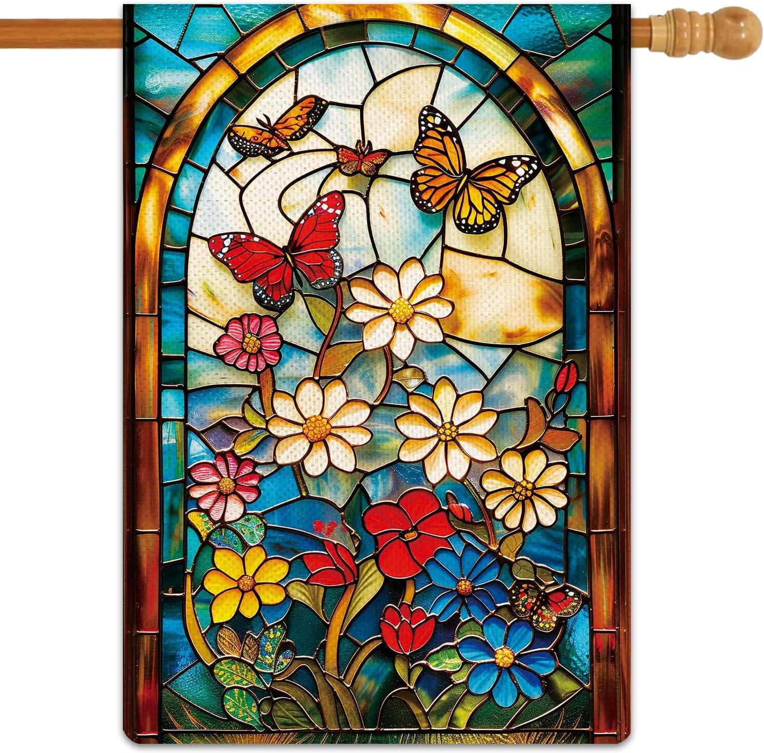 Timeless Stained Wooden Window: Floral and Butterfly Sanctuary Spring ...