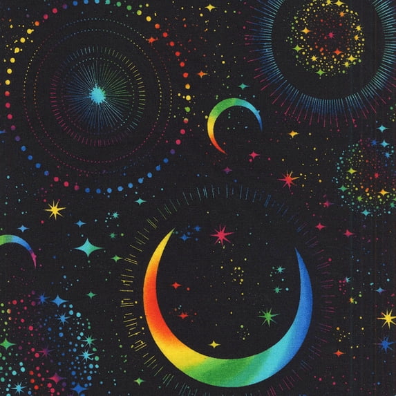 Cotton Rainbow Moons and Stars Space Galaxy Night Sky Hoot Rocks Multi ...