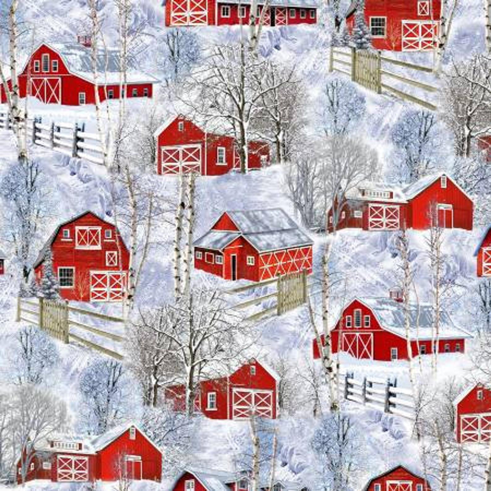 Timeless Treasures Red Barns in Snow 100% Cotton Fabric by The Yard ...