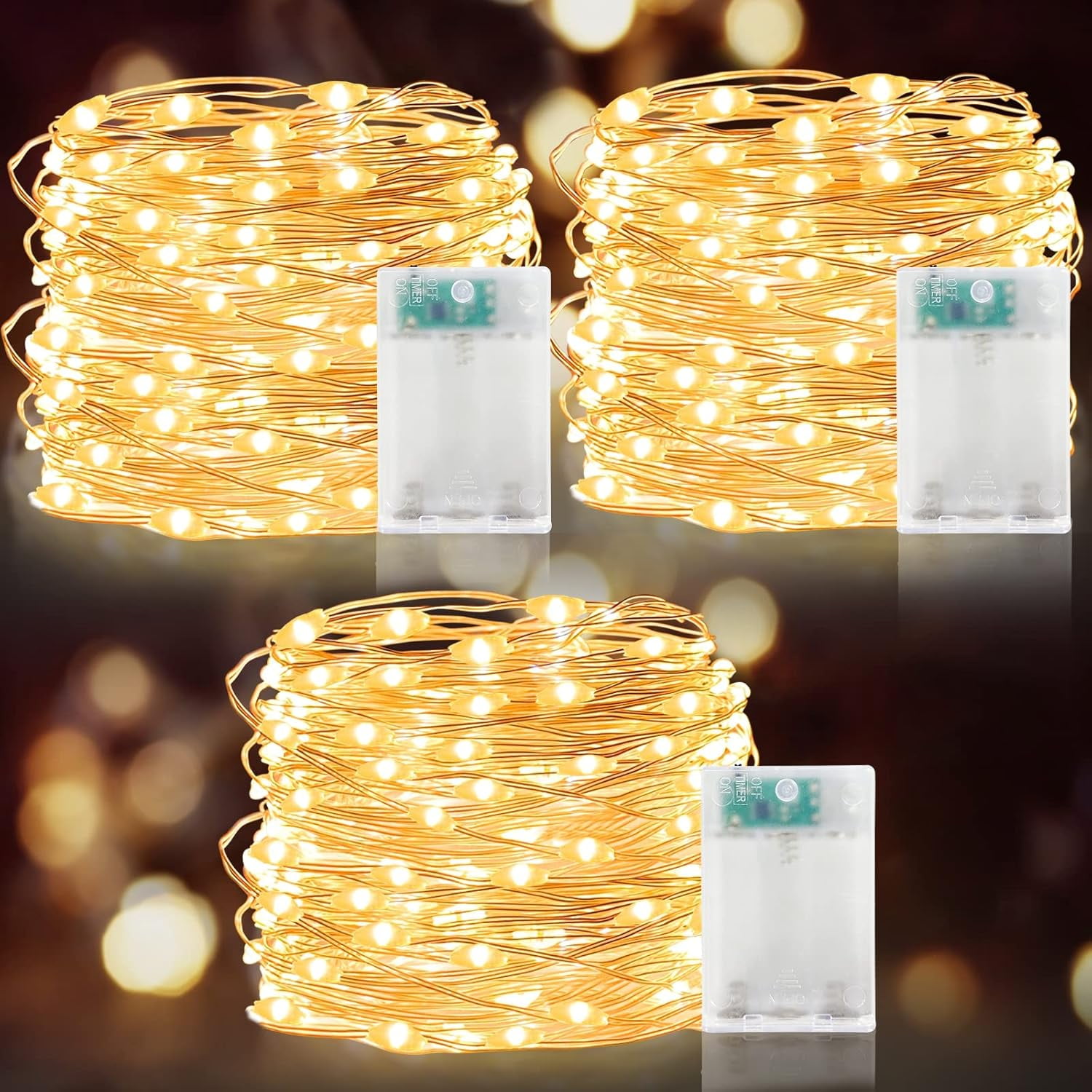[ Timer ] 3 Set Fairy Lights, Total 90 LED, Warm White Battery Powered ...