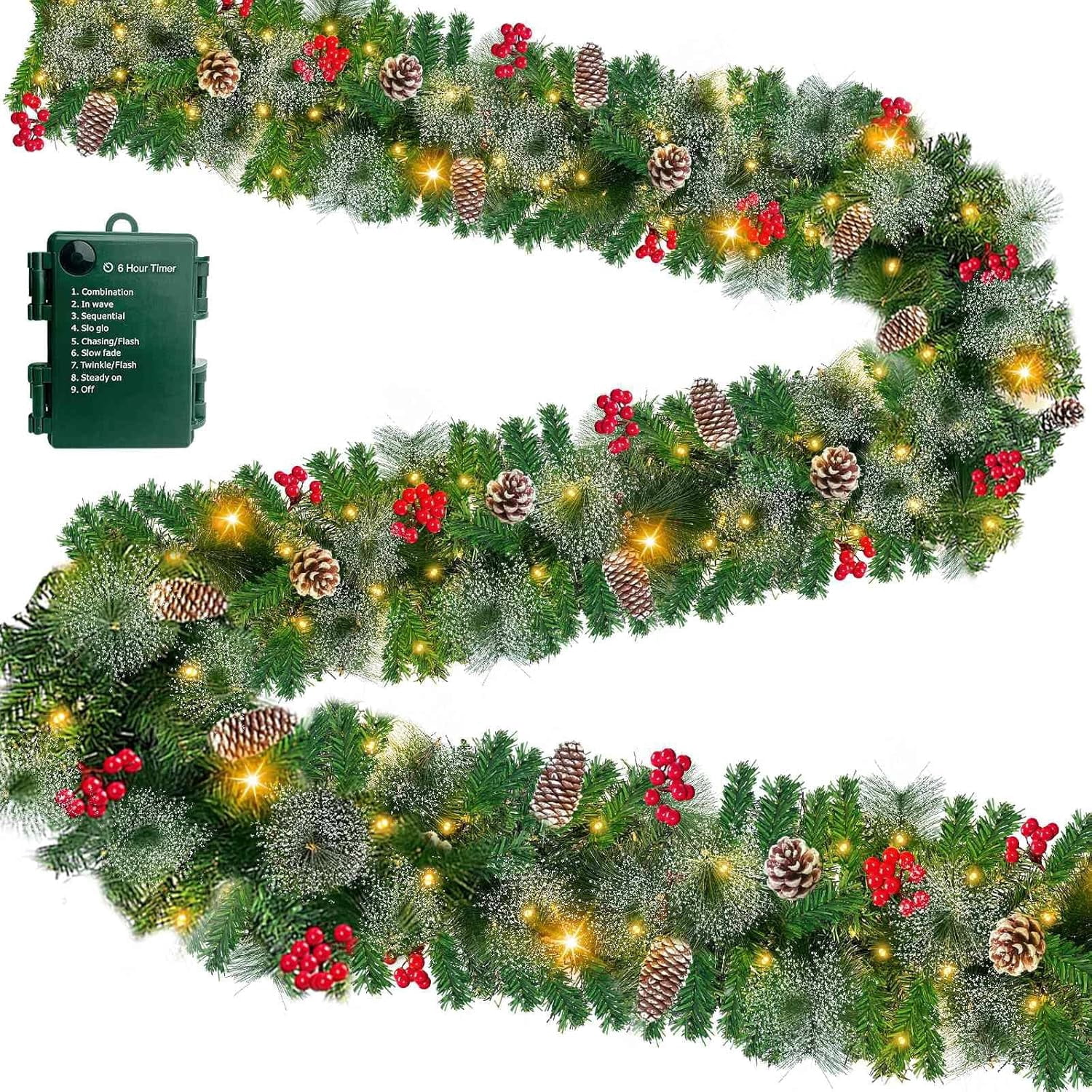 Timer & 8 Modes 9 Ft Prelit Christmas Garland 50 LED Warm White Lights ...