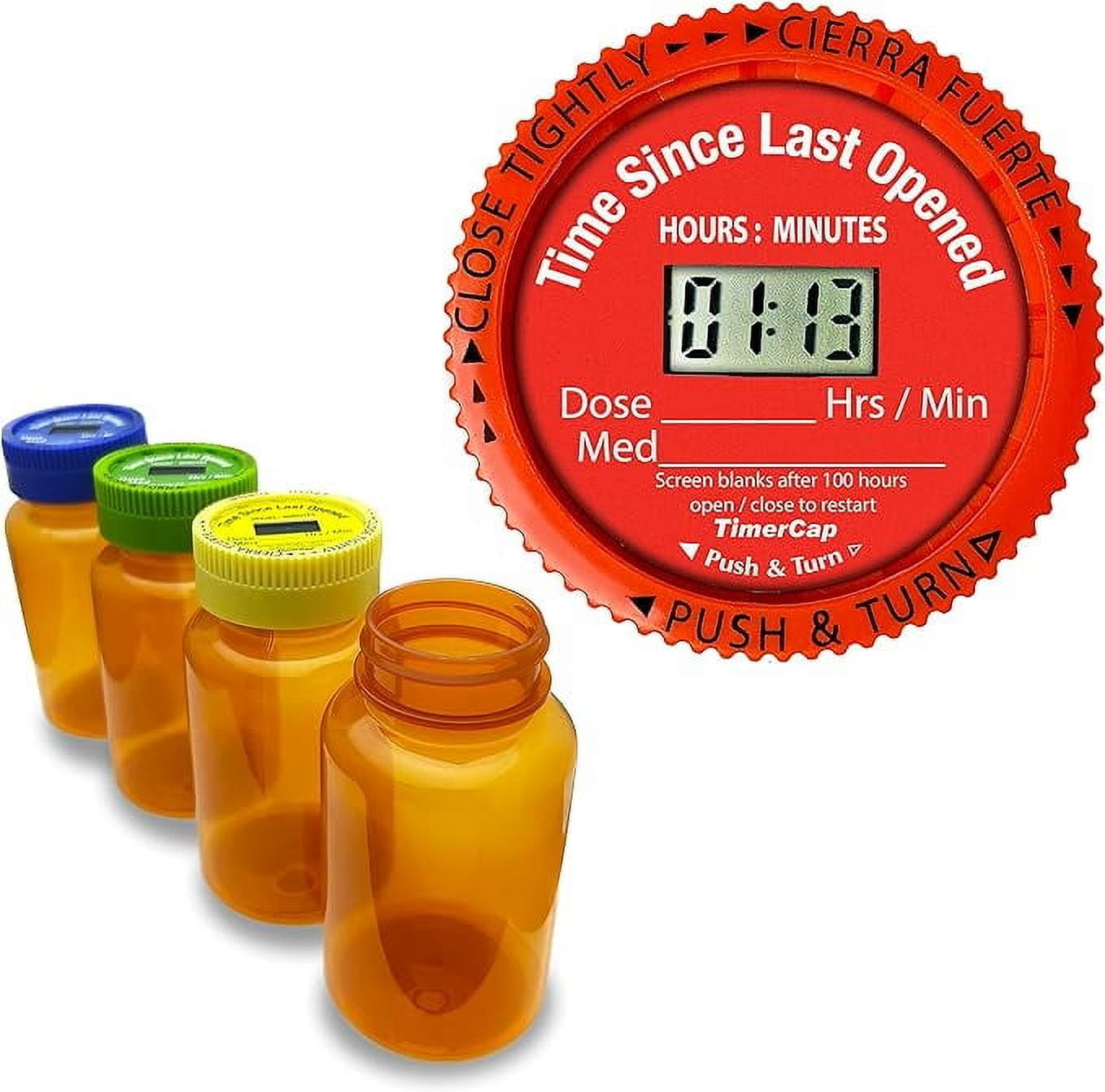 TimerCap 4-Pack 4.0 oz Amber Bottles - Automatic Stopwatch Pill Bottle ...
