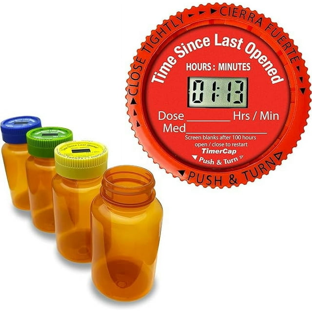 TimerCap 4-Pack 4.0 oz Amber Bottles - Automatic Stopwatch Pill Bottle ...