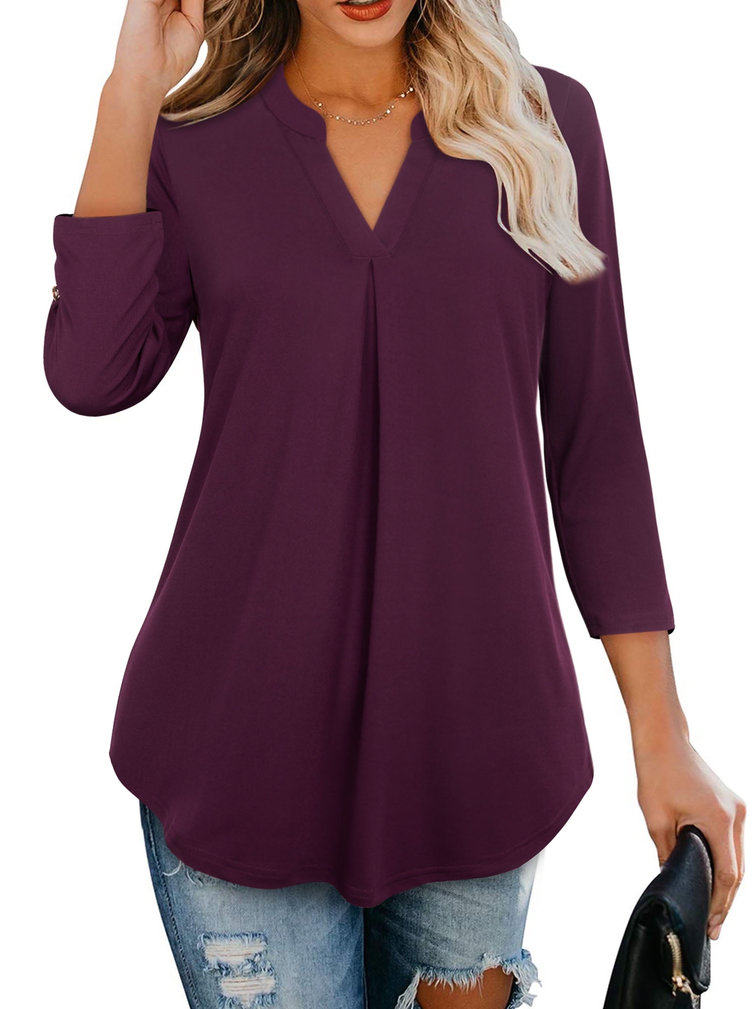 Timeson 3/4 Sleeve Henley V Neck strectchable Tunic Blouse, Dark Red ...