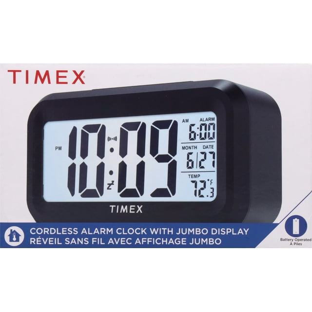 Timex Cordless Alarm Clock with Jumbo 1.5 inch LCD, Date & Temp Display ...
