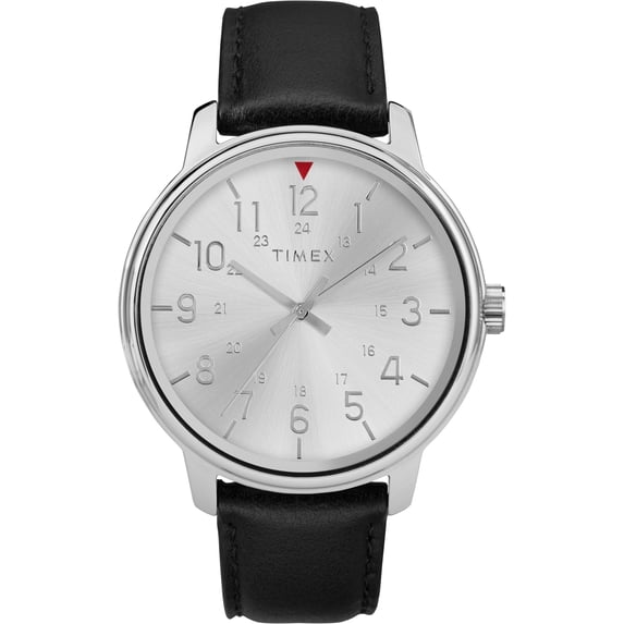Timex Men's Silver-Tone Watch, 43mm Case, Black Leather Strap, Water ...
