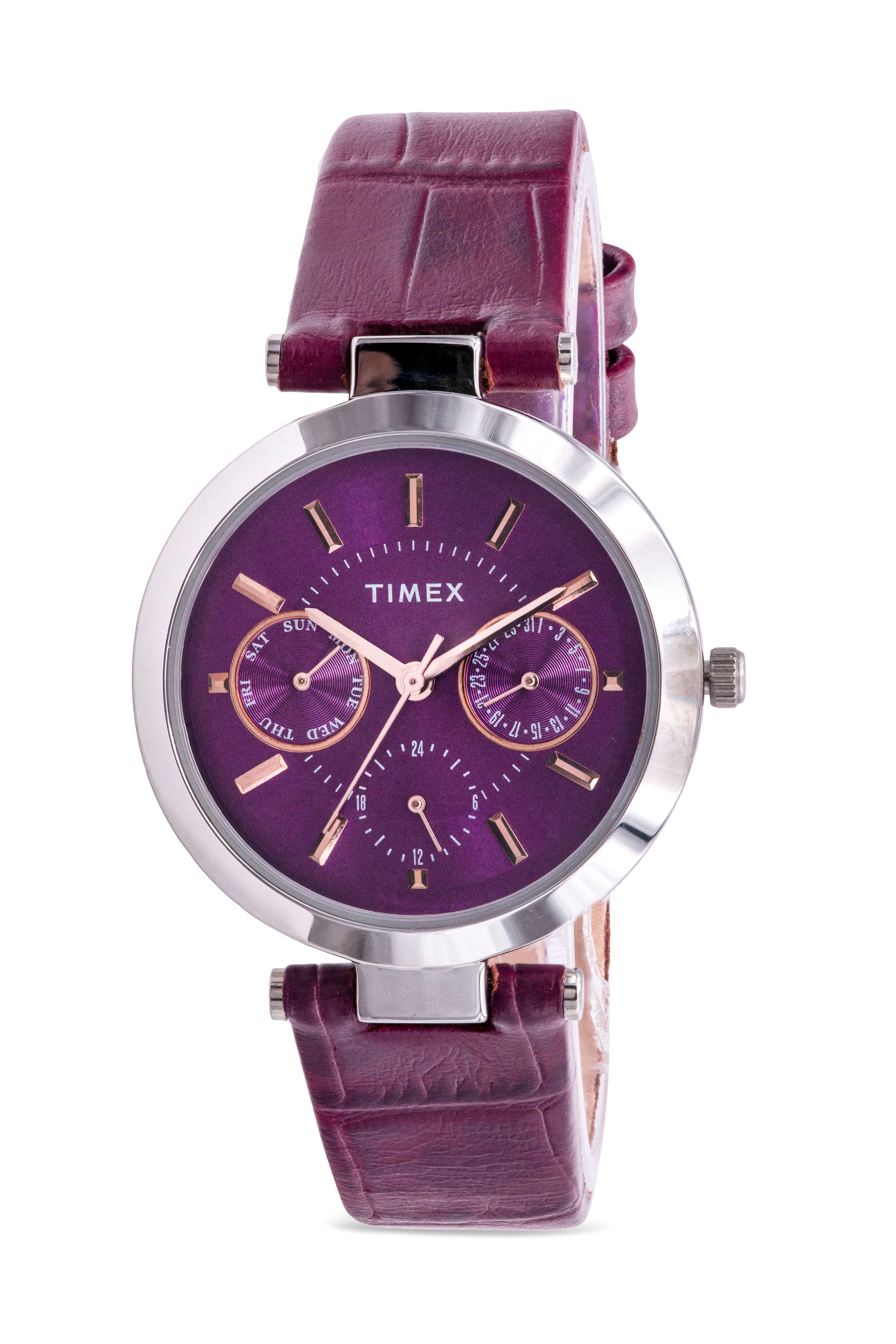 Timex Ladies Watch, Stainless Steel Case, Leather Strap, Purple Dial ...