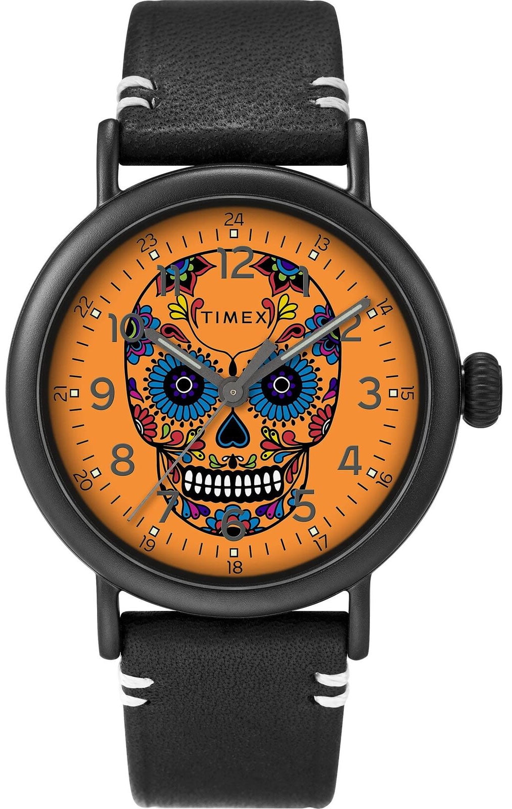 Timex TW2U95300 Men's Orange Analog Round Watch Black Leather Strap ...