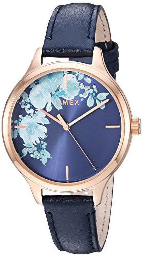 Timex Womens Crystal Bloom Blue/Rose Gold Floral Accent Leather Strap ...