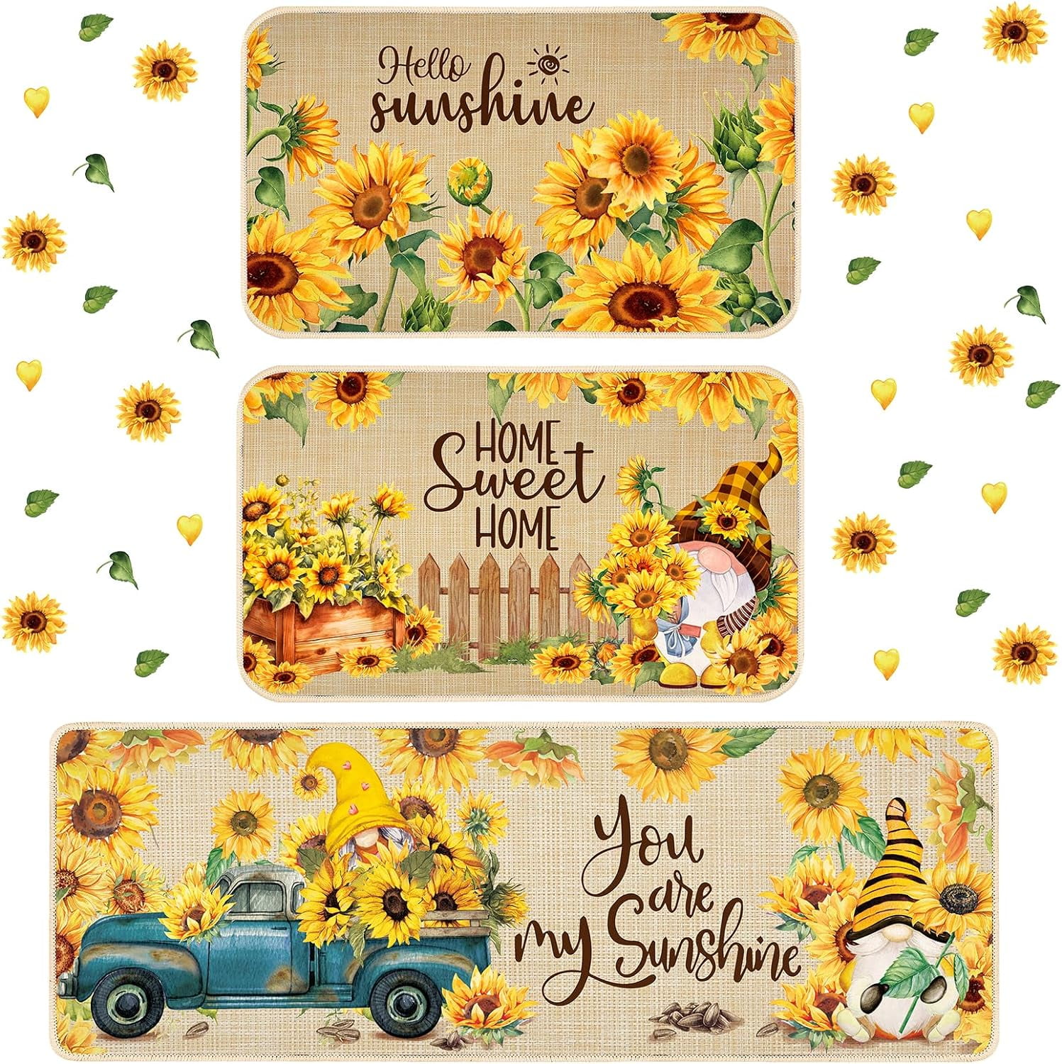 Timgle 3 Pcs Sunflower Kitchen Rugs Gnomes Rug Retro Style Non Slip ...