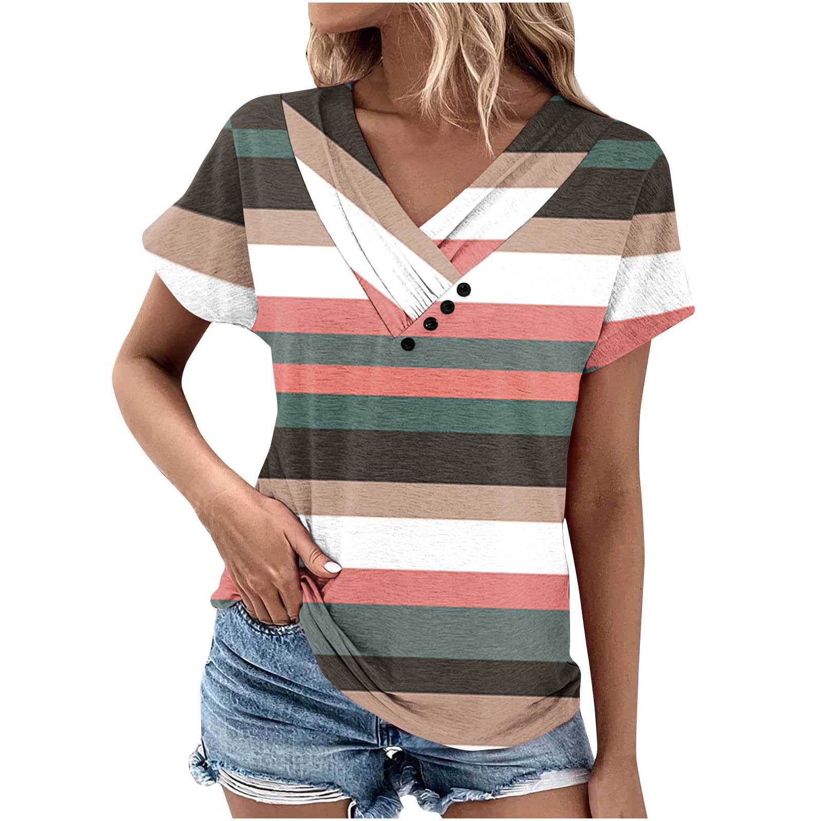 Timoontee Ladies Color Block T-Shirt Button Down Tops Wrapped Surplice ...