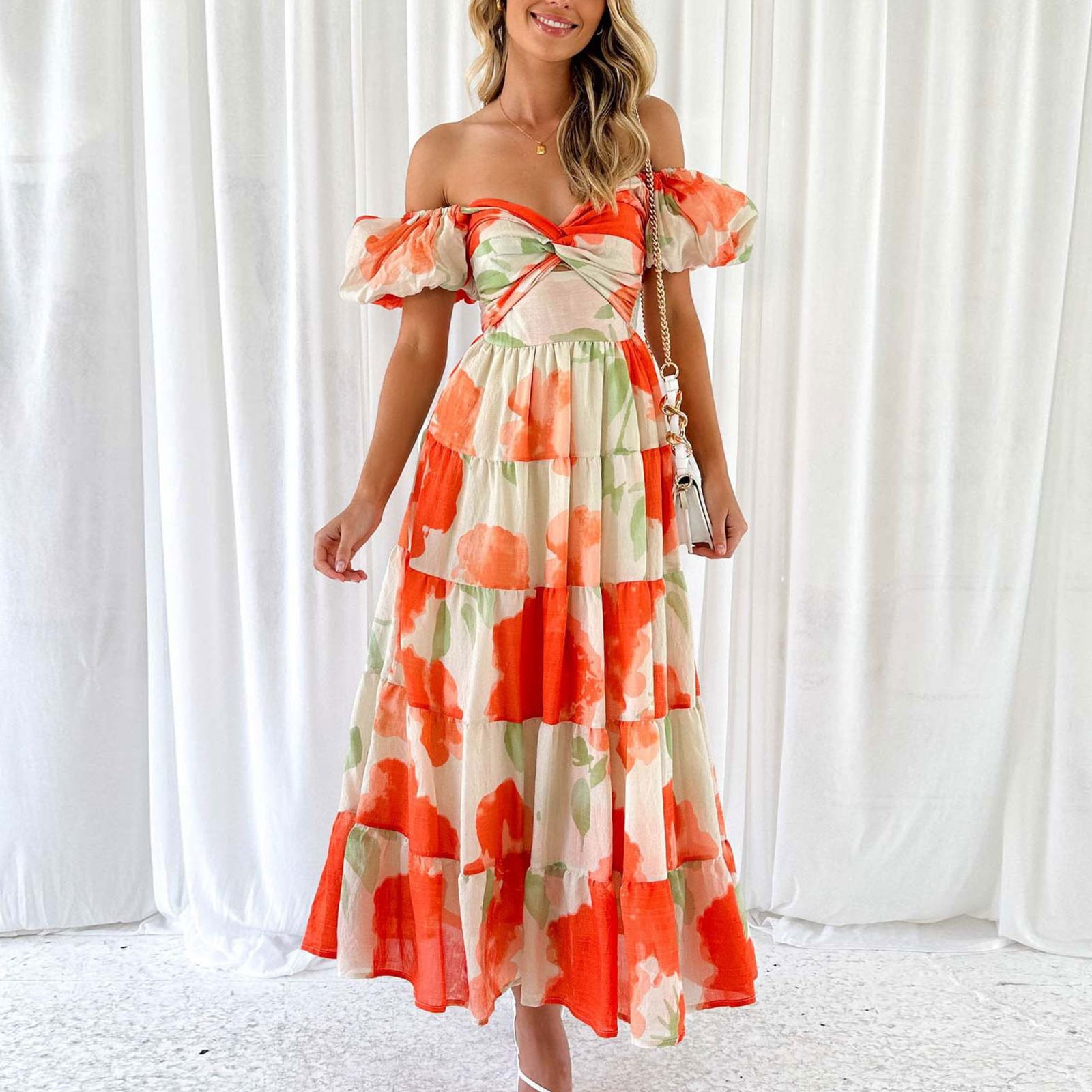 Timoontee Womens Off Shoulder Floral Print Long Dress Puff Sleeve ...