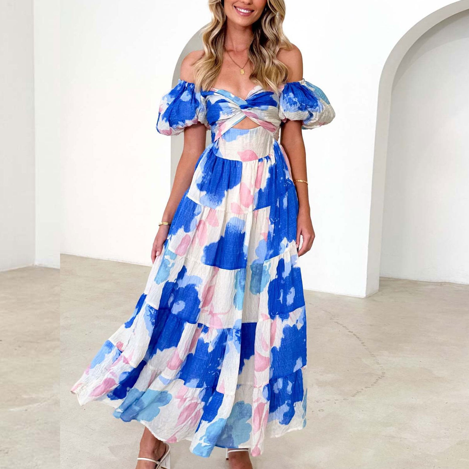 Timoontee Womens Off Shoulder Puff Sleeve Long Dress Cut out Floral ...