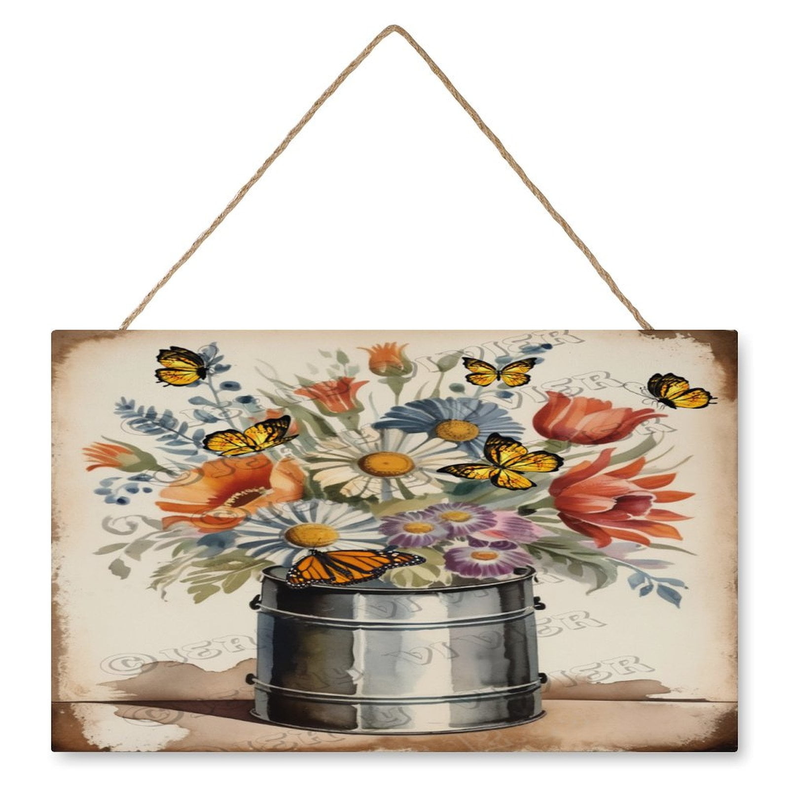 Tin Bucket With Wild Flower Wood Hanging Sign Wall Art Decor for Office ...
