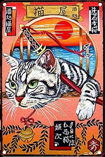 Tin Decor Vintage Cat Metal Tin Sign Japanese Samurai Cat Cat House ...