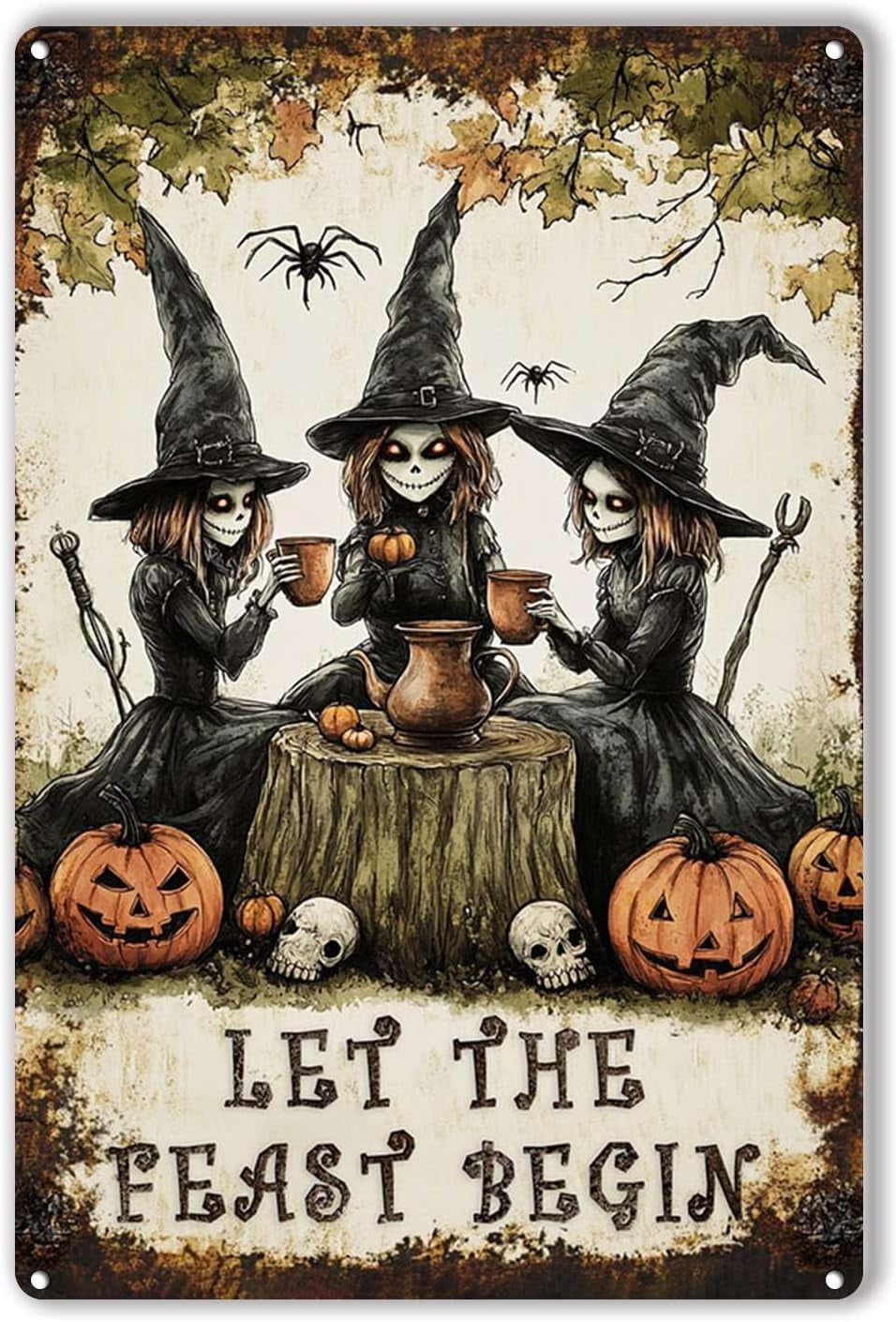 Tin Plaque Let the feast begin Happy Halloween witch party for Home Gate Garden Bars Restaurants ...