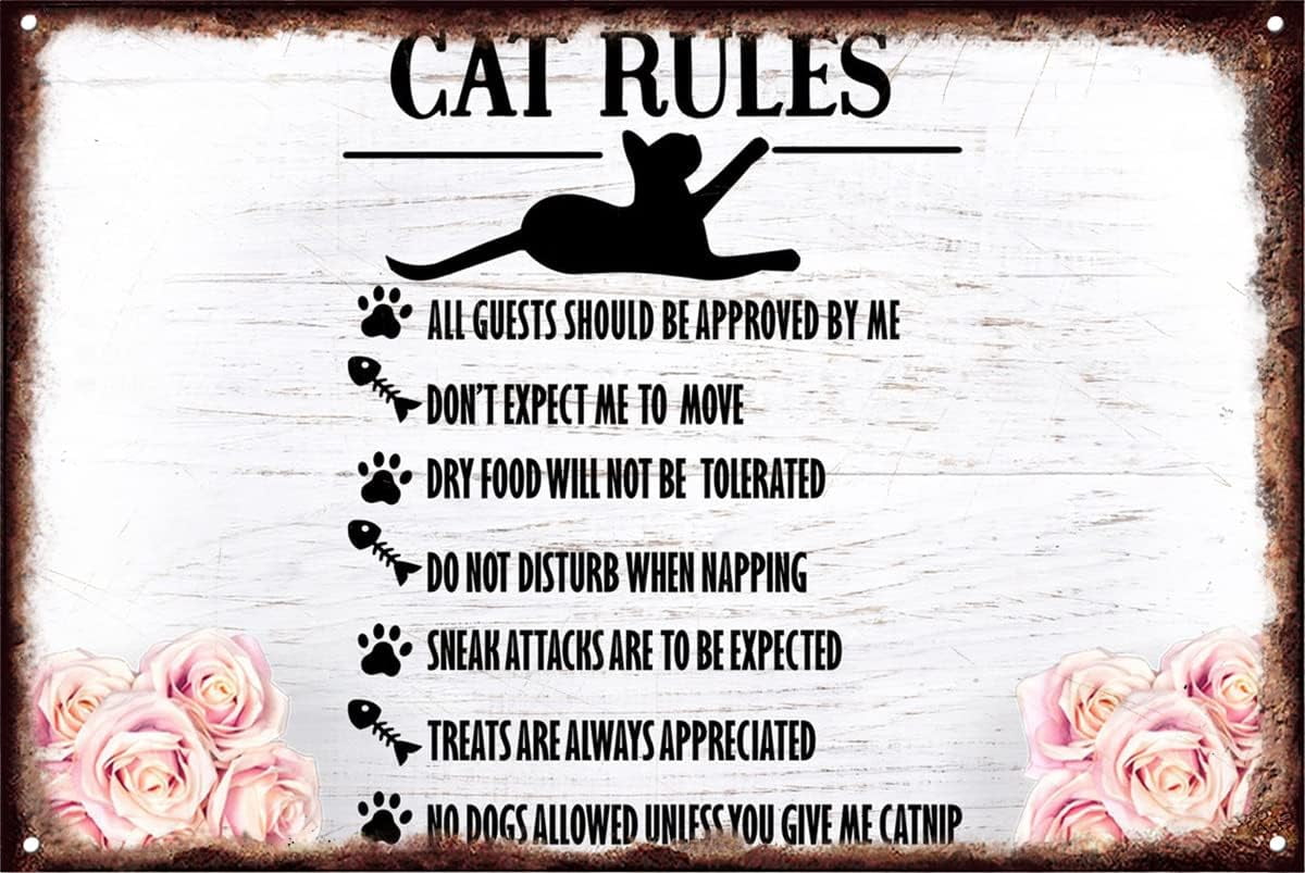 Tin Sign 12x16 Inch Cat Rules Cat Funny Pets Welcome Vintage Metal Sign ...