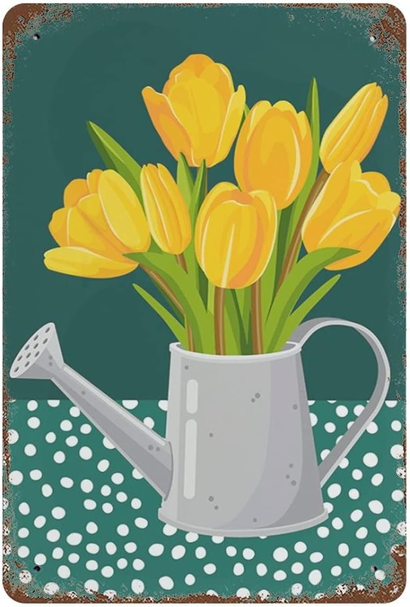 Tin Sign 12x16 Inch Tulip Spring Flowers Watering Can Boho Bouquet ...