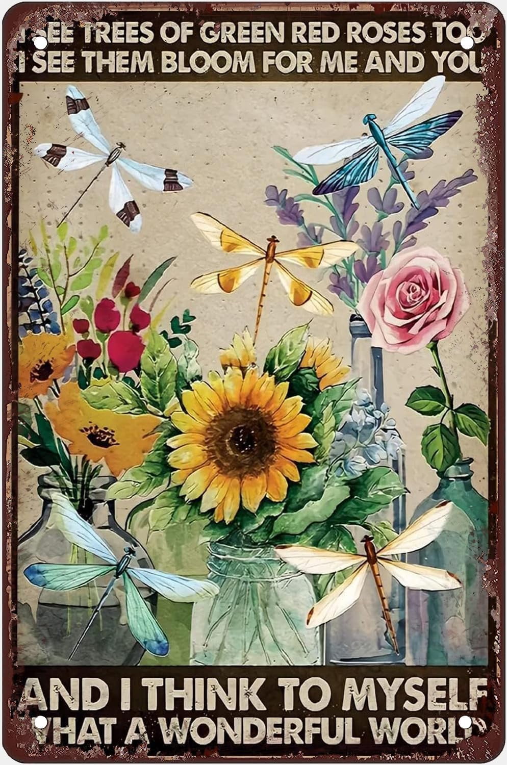Tin Sign 8x12 Inch Dragonfly Flower What A Wonderful World Poster Metal ...