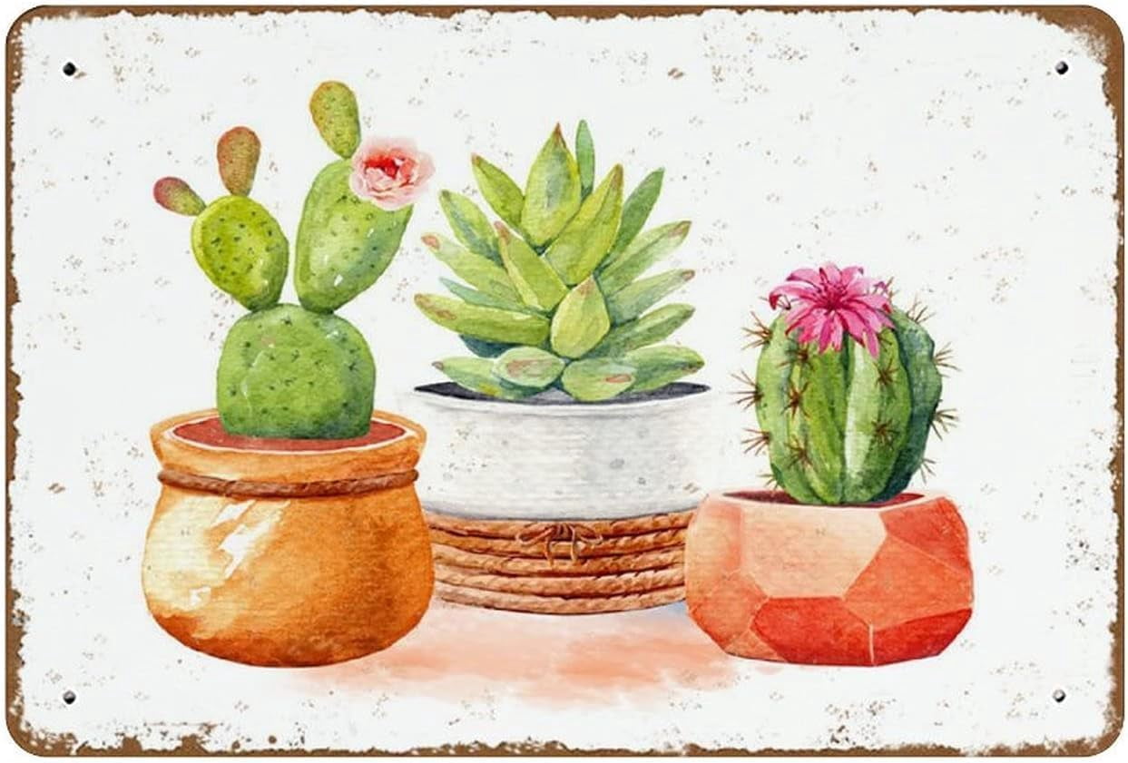 Tin Sign 8x12 Inch Potted Cactus Trio Succulent Wall Art Watercolor ...