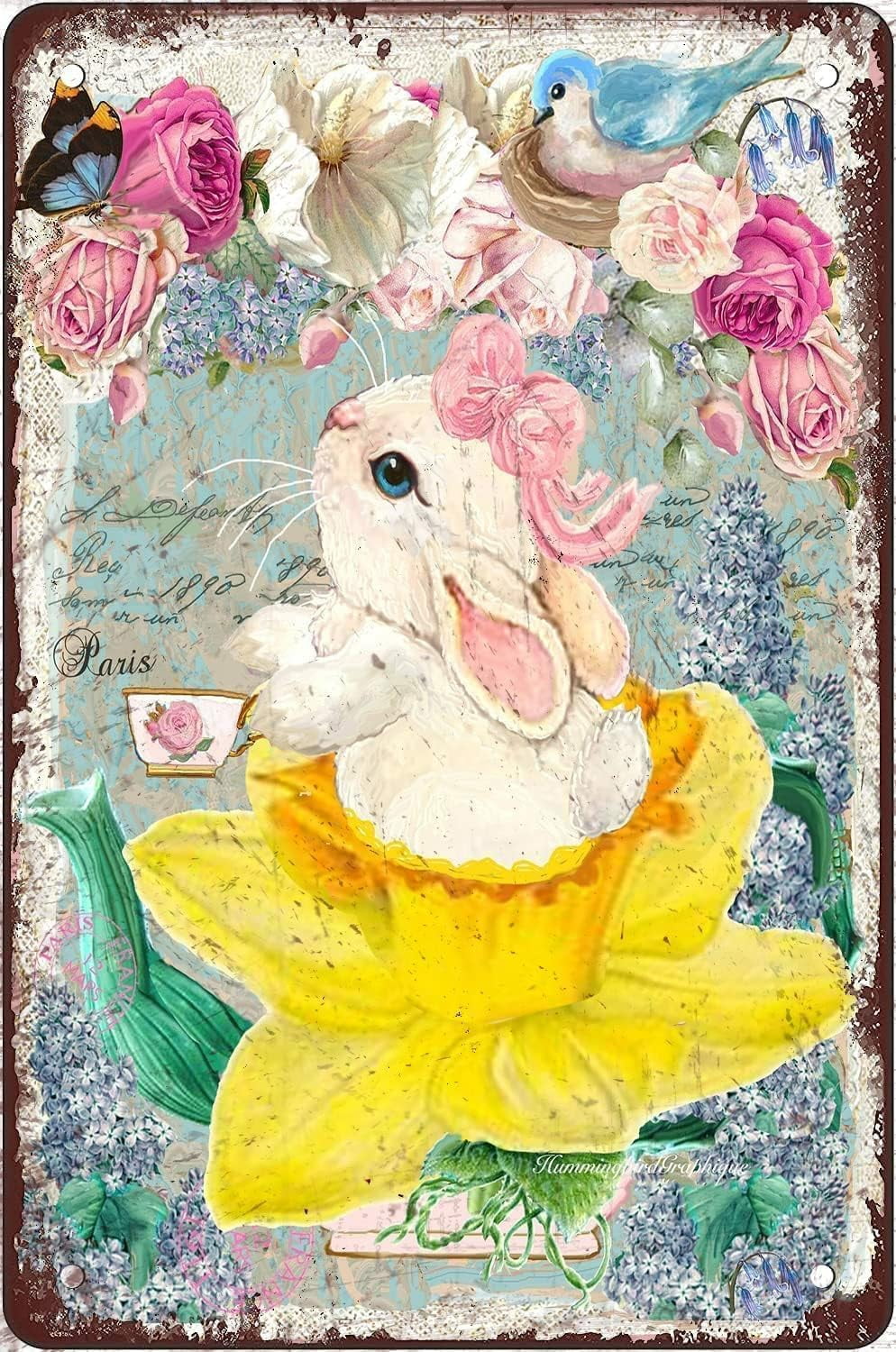 Tin Sign 8x12 Inch Tin Signs Easter Bunny Spring Daffodil Teapot Tin ...