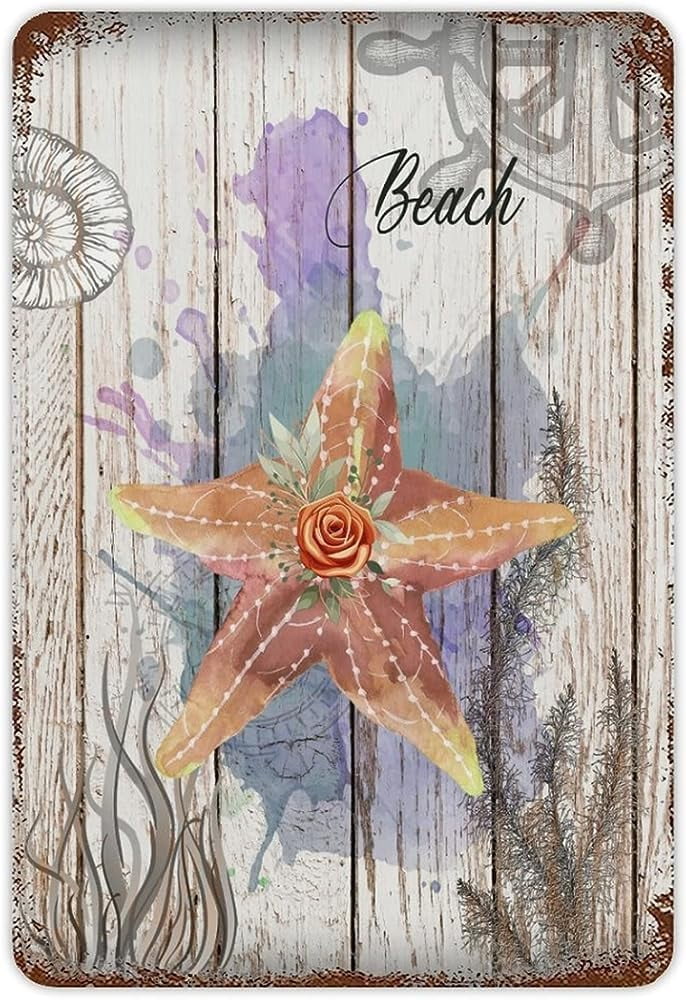 Tin Sign 8x12 Inch Starfish With Flower Tin Plaque Underwater World ...