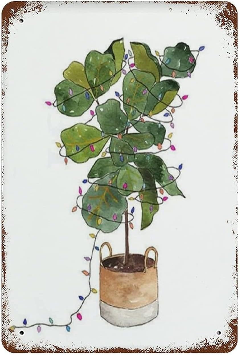 Tin Sign 8x5.5 Inch Holiday Lights Potted Fiddle Leaf Fig Plant ...