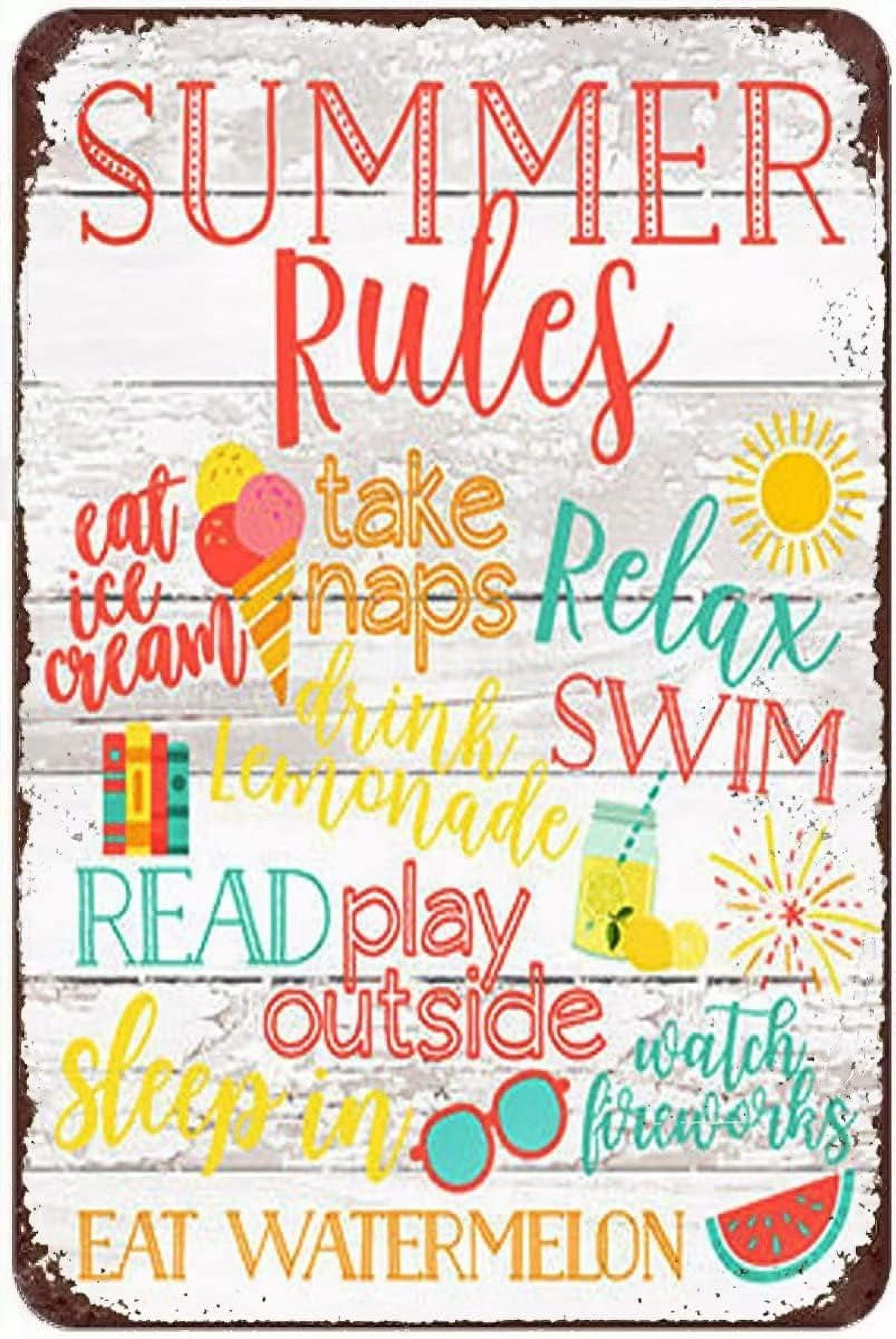 Tin Sign 8x5.5 Inch Summer Rules Rustic Art Wall Decor Antique Metal ...