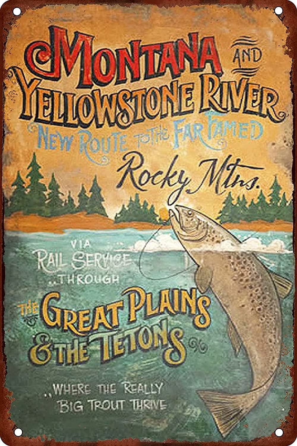 Tin Sign Kitchen Fishing Montana and Yellowstone River Vintage Wall ...