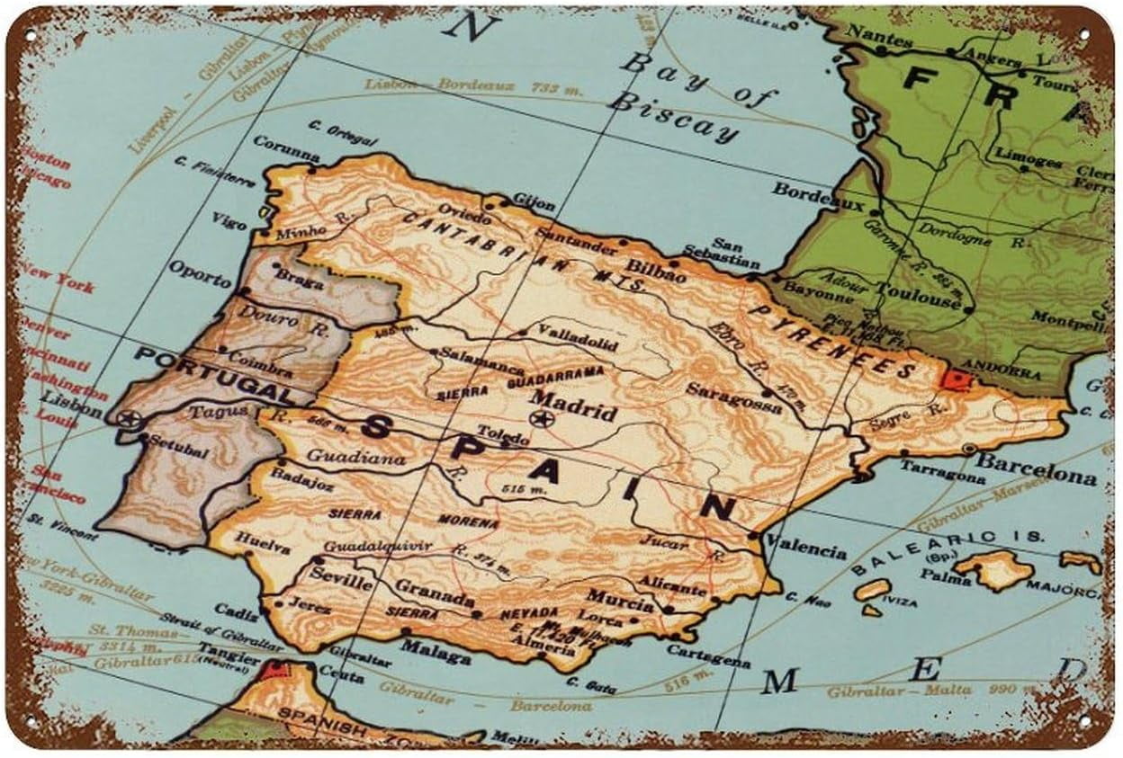 Tin Sign Map Spain Gifts Posters Old Map Vintage Hanging Aluminum Metal ...