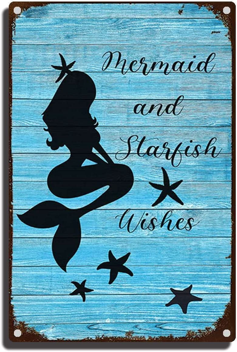 Tin Sign Mermaid and Starfish Wishes Metal Tin Sign Family Cafe Bar ...